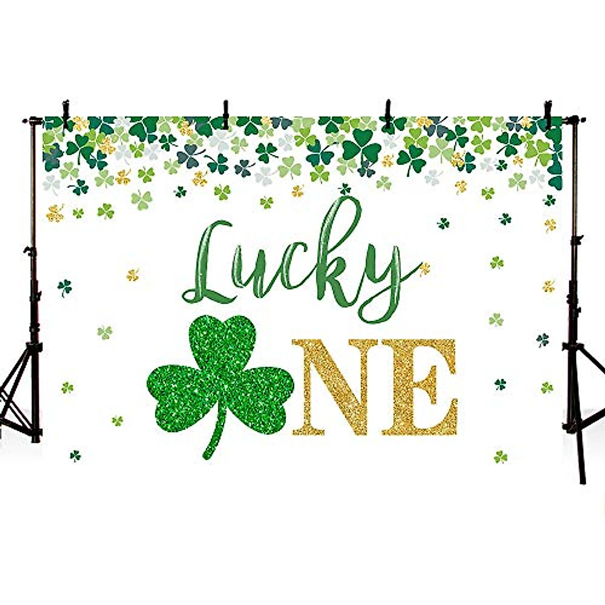 MEHOFOND 7x5ft St. Patrick's Day Happy First Birthday Party Decorations Photo Backdrop Lucky One Banner Green and Gold Shamrock Irish Supplies Spring March Photography Background Props for Cake Smash