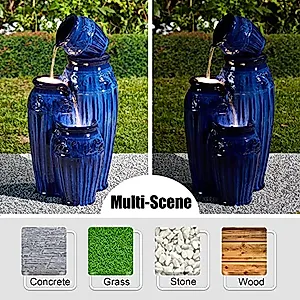 Glitzhome 27.25" H Outdoor Garden Water Fountain with LED Lights and Pump, 4 Tier Cobalt Blue Embossed Pattern Ceramic Pots Cascading Floor-Standing Fountain for Porch Deck Patio Backyard Decoration