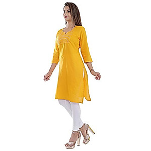 Ramkudi Indian Women's Plain Embroiderd Cotton Straight Kurti Top (Yellow)