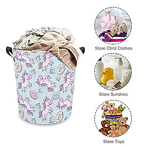 Pink Unicorns Donuts Rainbow Foldable Laundry Basket Waterproof Hamper Storage Bin Bag with Handle 16.5"x 16.5"x 17"