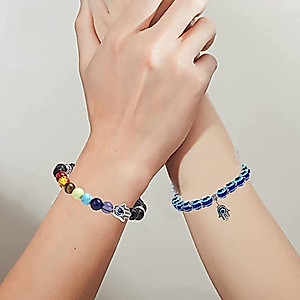 RUIZHEN 2Pcs Evil Eye Hamsa Blue Beaded Charm Stretch Bracelet 7 Chakras Gemstone Lava Stone Hamsa Hand Evil Eye Bracelet (blue bead +7 Chakras)