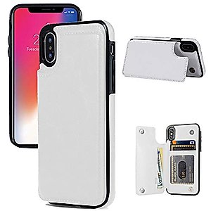 JOYAKI iPhone X/XS Wallet Case - Slim Leather with Card Holder & Free Screen Protector, 5.8 inch - White