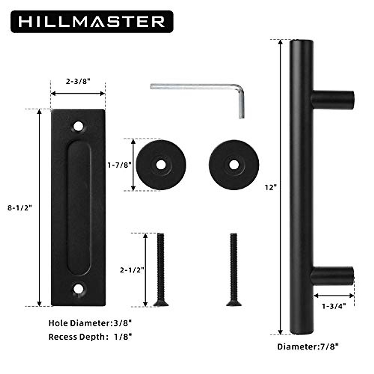 HILLMASTER 12" Heavy Duty Sliding Barn Door Pull Handle Set, Rustic Pull and Flush Barn Door Pull Handle with Two-Side Design, Round Black Finish Door Hardware for Gate Garage Shed