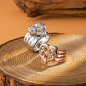 Personalized 1-8 Family Tree Of Life Birthstone Rings 925 Sterling Silver Heart Custom Engraved Name Mom Ring Mother Days Grandmother Birthday Aniversary Jewelry Gifts For Women Grandma Her Daughter