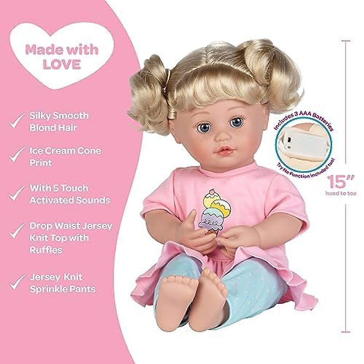 Adora My Cuddle & Coo Babies Collection, 15" Baby Doll with Sweet Powder Scent and 5 Touch Activated Sounds: She Cries, Coos, Giggles, Kisses Back & Says Momma Birthday Gift For Ages 3+ - Sweet Dreams