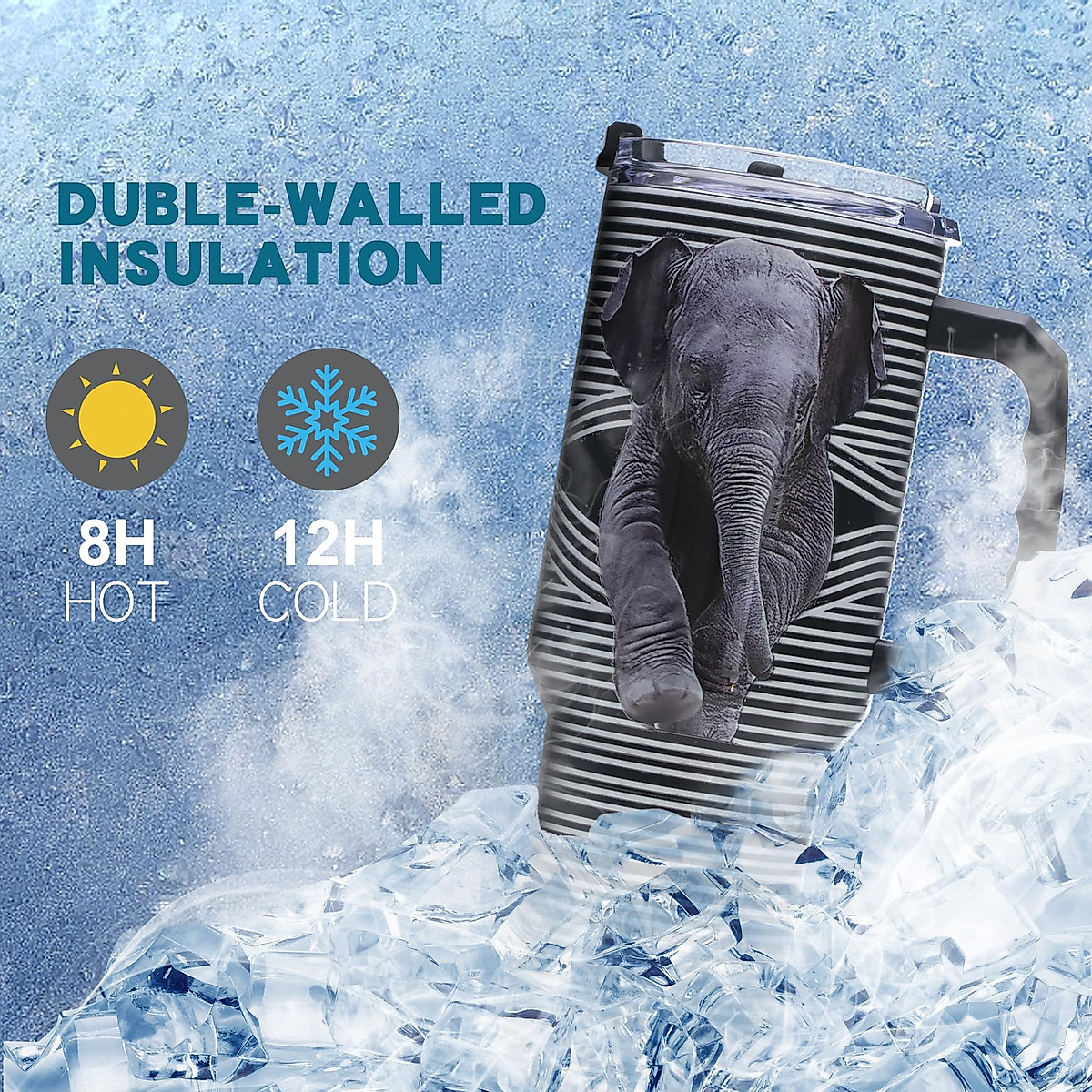 Gome 40oz Elephant Tumbler – Insulated Stainless Steel Cup with Handle, Lid & Straw, Wildlife Gifts for Women, Animal Lovers, Birthday & Nature-Inspired Gift