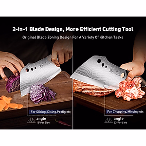 Multifunction Chinese Chef Knife, 7.7 Inch Meat Cleaver With Herb Stripper And Sheath, Butcher Knife Heavy Duty Bone Chopper, Slicing Vegetables, Damascus Pattern Full Tang Wood Handle Design