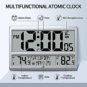 LFF Atomic Clock 4.5" Numbers, Atomic Wall Clock with Indoor & Outdoor Temperature，Never Needs Setting, Battery Operated, Date, Time, Wireless Outdoor Sensor, Jumbo Display Easy to Read