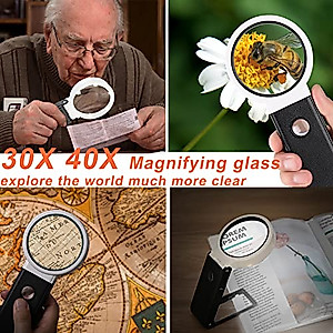 Anourney Magnifying Glass 30X 40X with Light and Stand, Handheld Standing LED Illuminated Magnifier, Folding Reading Magnifying Glass with for Seniors Read, Coins, Stamps, Map, Jewelry, Close Work
