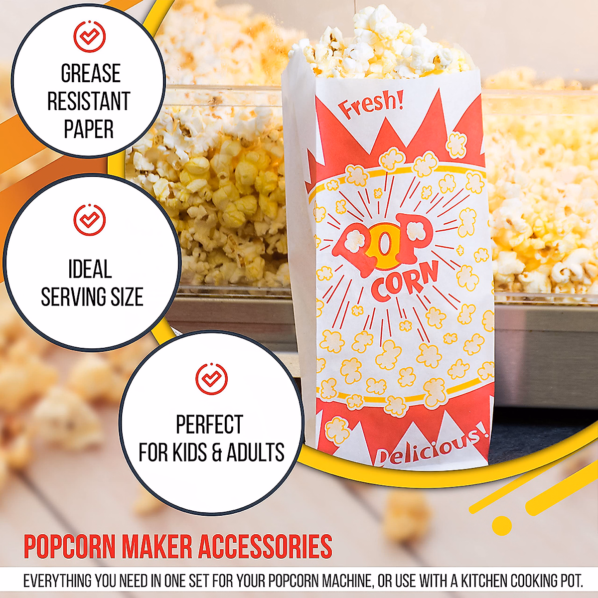 Popcorn Machine Supplies Set Refill, 10 Bags Of Popcorn Kernels Kit (Large Butterfly Kernels, Salt Seasoning, and Popcorn Oil), 200 Popcorn Bags (1 oz. Paper)