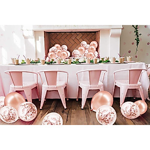 Rose Gold Confetti Latex Balloons, 50 pack 12 inch Birthday Balloons with 33 Feet Rose Gold Ribbon for Party Wedding Bridal Shower Decorations