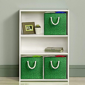 i BKGOO Foldable Storage Cube Bins,Green Linen Fabric Collapsible Resistant Basket Box Organizer with Cotton Rope Handle for Home Office and Nursery 13x13x13 inch