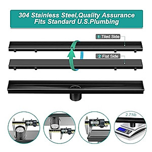 BARONAGE 24-Inch Linear Shower Drain, with 2-in-1 Flat & Tile, Insert Cover Black Brushed 304 Stainless Steel Rectangle Shower Floor Drain Adjustable