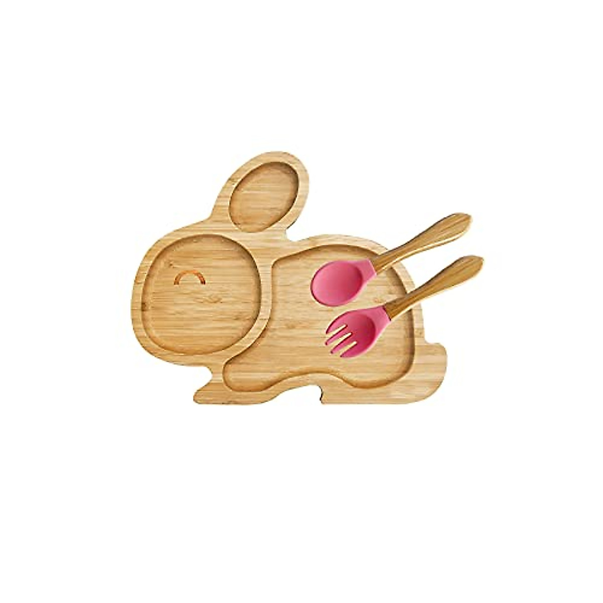 Rabbit Bamboo Suction Plate Bamboo Toddler Plates and Spoon Fork for Kids Self Feeding (pink)