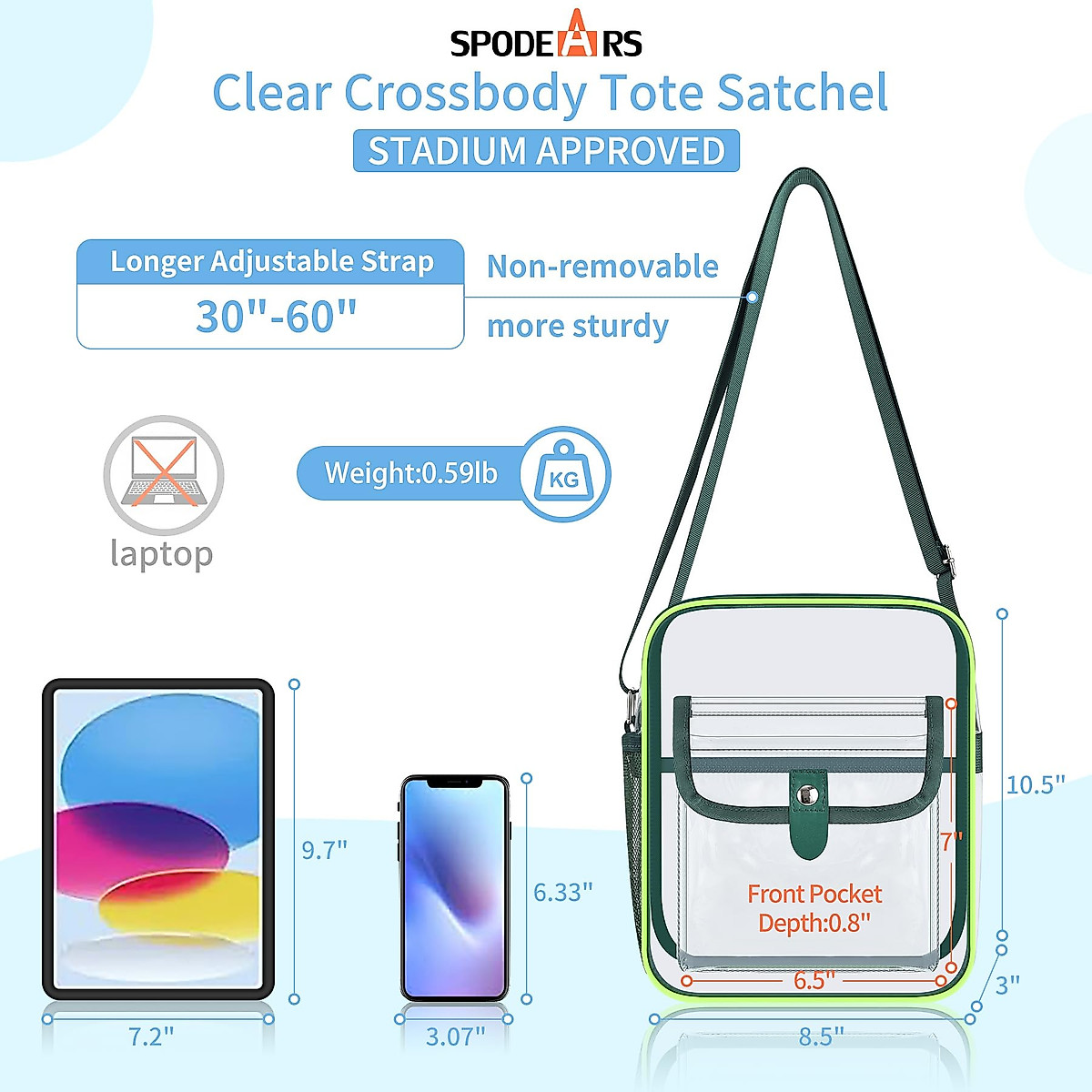 SPODEARS Clear Stadium Tote Bag for Concerts - 10.5"x8.5" Crossbody Purse with Bottle Holder & Adjustable Shoulder Strap, Green