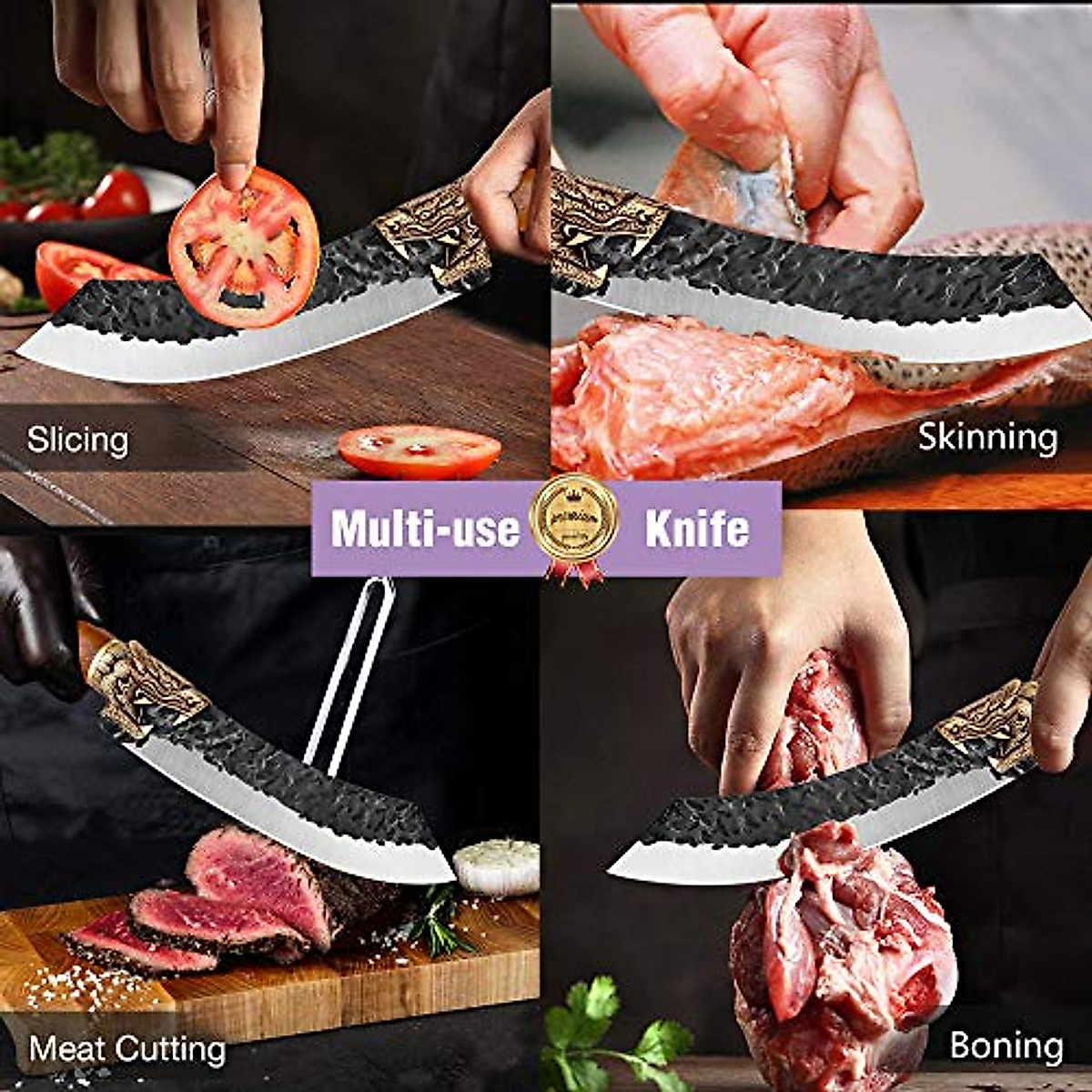 Butcher Knife Forged in Fire Knives Outdoor Camping Knife Curved Boning Knife with Sheath Filet Knife for Fishing Carbon Steel Meat Cleaver Knife for Kitchen BBQ Gift Collection
