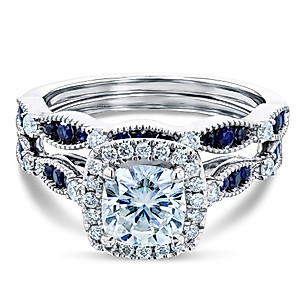 Kobelli Moissanite and Blue Sapphire Halo Bridal Rings Set - 8.0 / G-H