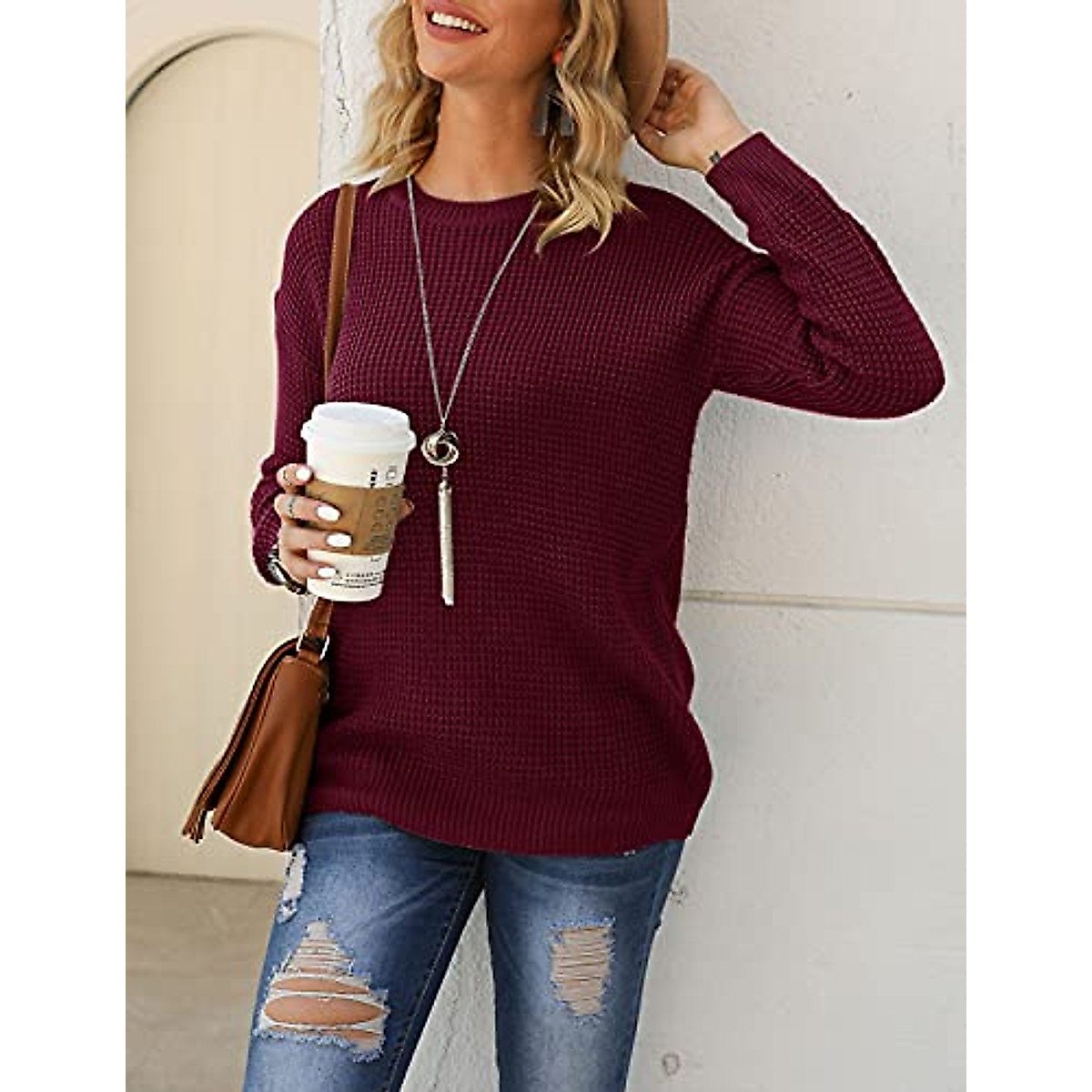 MEROKEETY Women's Long Sleeve Waffle Knit Sweater Crew Neck Solid Color Pullover Jumper Tops Wine