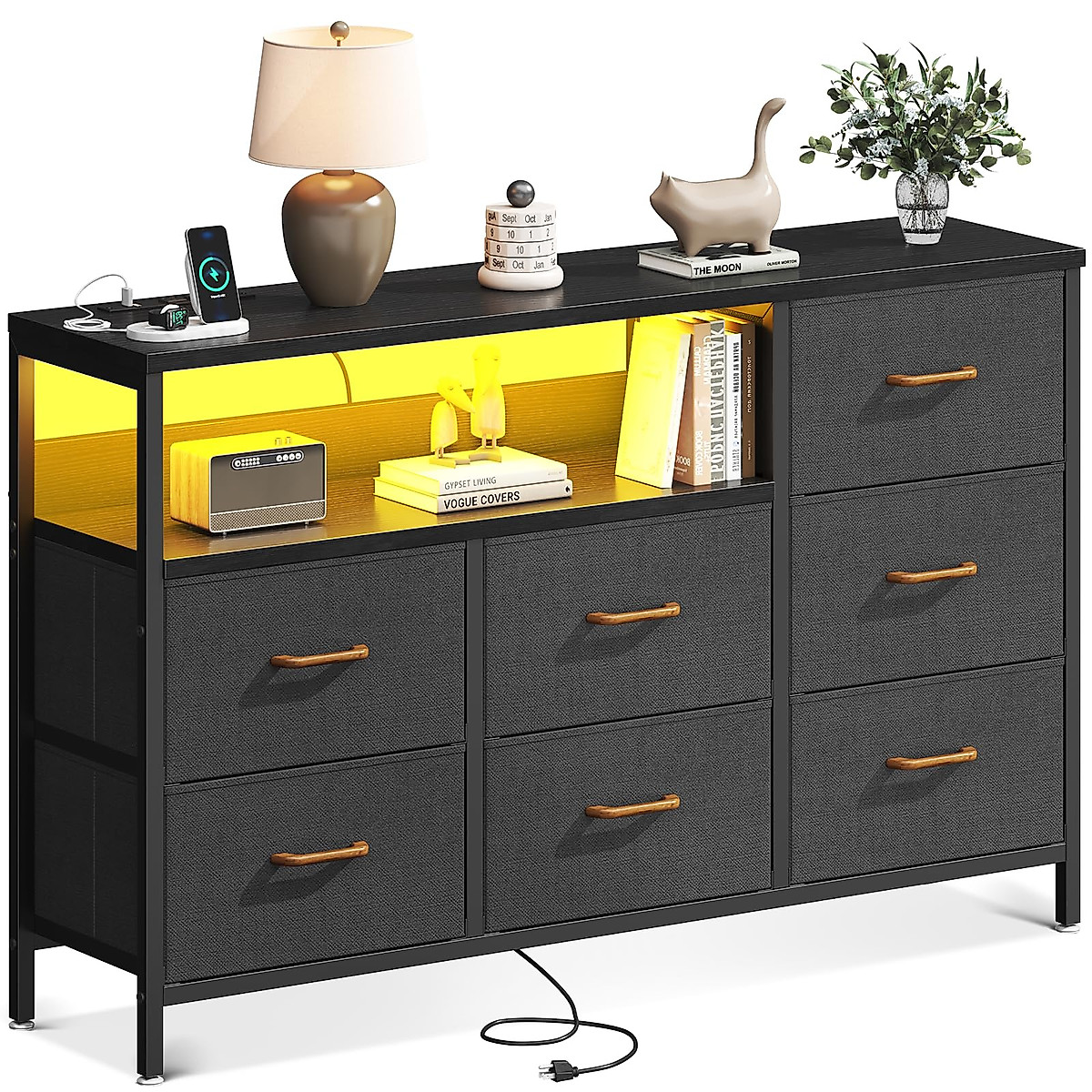 AODK Dresser with LED Lights and Charging Station, 52-Inch Long Dresser for Bedoom with 7 Large Storage Drawers, Fabric Dresser TV Stand with Open Shelves, Dark Grey