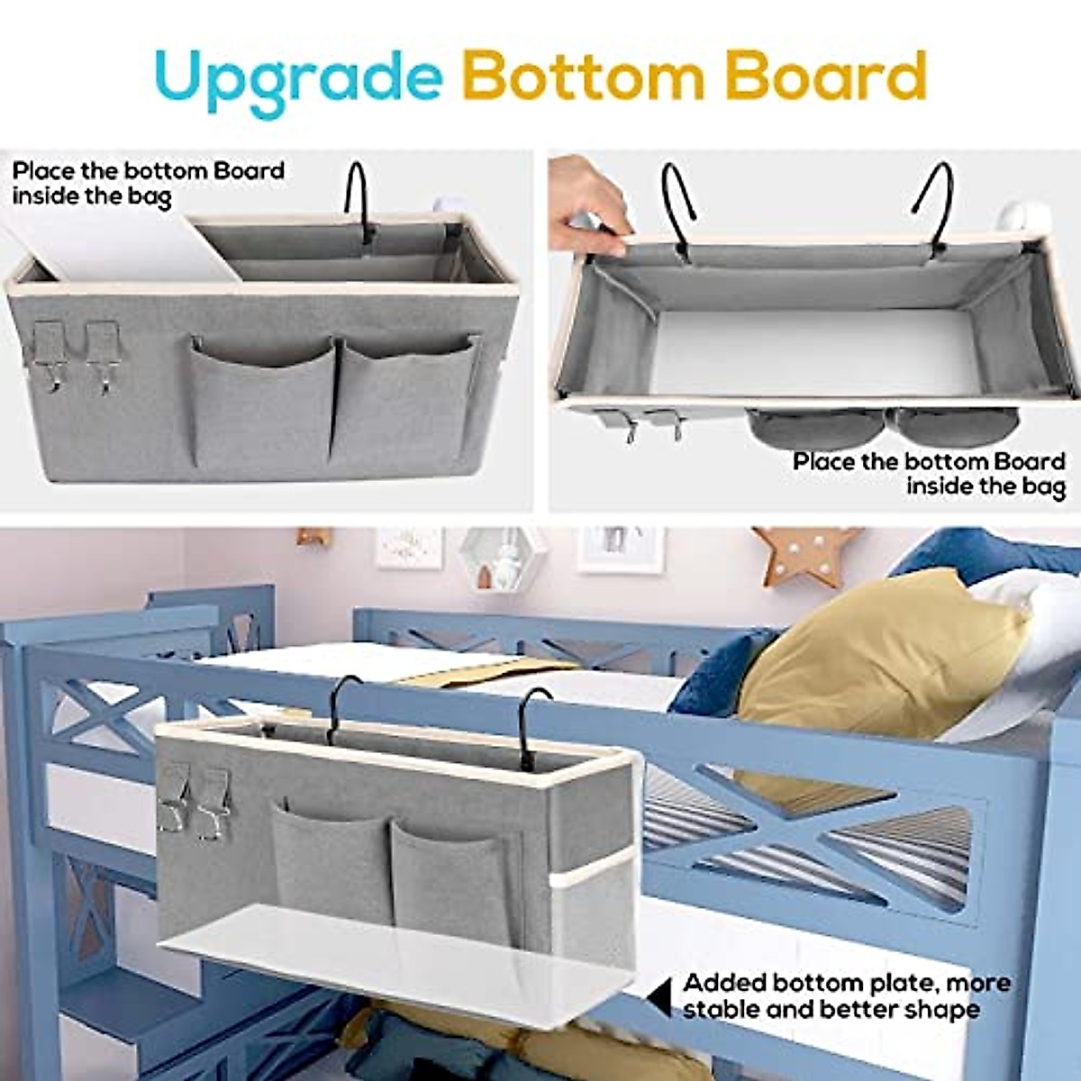 Kanrichu 2pcs Bedside Caddy Hanging Storage Bag, Organizer Baskets with Pockets for Bunk Bed Shelf and Hospital Beds, Loft & Dorm Rooms Chair Bed Rails Accessories (Gray)