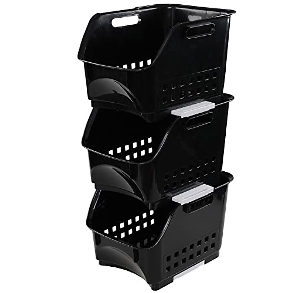 Nicesh Plastic Stacking Bins, Stackable Storage Basket Trays, Black, Set of 3