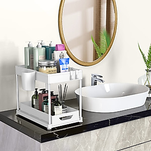 Fkprorjv Under Sink Organizers and Storage, 2 Pack Kitchen Bathroom Sink Organizer with Hooks, 2 Tier Under Sink Cabinet Basket Storage Shelf with Sliding Drawers, White