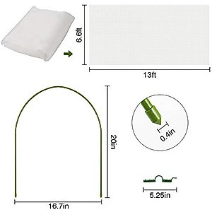 Greenhouse Hoop Kit, 8pcs 20"x 16.7" Garden Hoops for Raised Beds, 6.6ft x 13ft Plant Cover Netting with Clamps Clips, Rust Free Steel Grow Tunnel Support Frame for Outdoor Farm Low Growing Plant