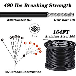BRISBONN Outdoor String Light Hanging Kit - 164FT Black Vinyl-Coated Stainless Steel 304 Wire Rope with Turnbuckles & Hooks, Globe Lights Suspension Kit for Patio, Backyard, Garden - Easy Installation