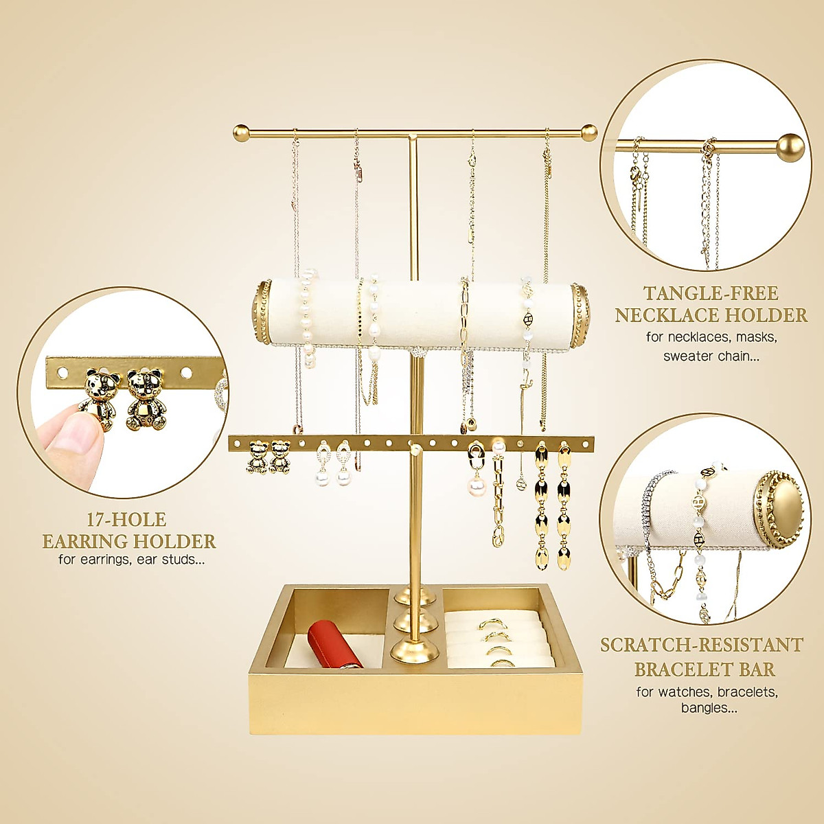 Funlove Jewelry Organizer Stand 3-in-1 Holder for Necklaces Bracelet Earrings & Ring, Tree Jewelry Tower Metal & Wood-Gold