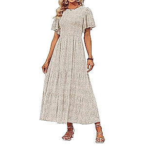 ZESICA Women's 2023 Summer Casual Floral Print Short Flutter Sleeve Crew Neck Smocked High Waist Flowy Maxi Dress,Beige,X-Large