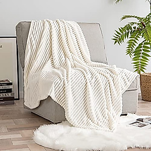 MIULEE Fleece Throw Blanket with Stripe Pattern for Couch Super Soft Fuzzy Flannel Cream White Blanket Plush Warm Cozy Bed Blanket for Sofa Chair Twin Size 60"x80"