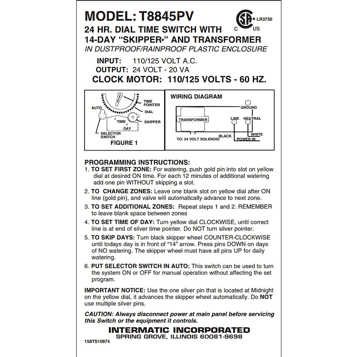 Intermatic Sprinkler Irrigation Timer T8845PV with 14-Day Skipper and Auto Shut-Off Programmable 60 Cycles enclosed in NEMA 3R Indoor/Outdoor Durable Casing
