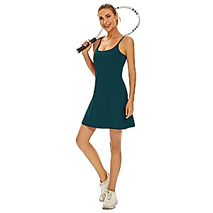 Leovqn Tennis Dress for Women Workout Athletic Dress with Built-in Bra & Shorts Exercise Dress for Golf Dress with Pockets - Teal M