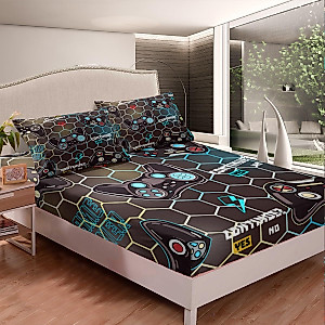 Erosebridal Gamer Twin Size Bedding Set for Boys Girls Gaming Bed Sheets, Neon Honeycomb Fitted Sheet Video Game Sheets, Geometric Hexagon Bedding Kids Teens Room Decor, Black Bed Cover 2 Pieces