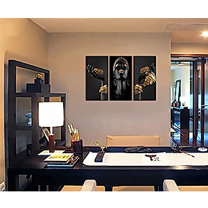 African Picture Wall Decor, Black Gold Wall Art Canvas Prints African Woman Paintings for Living Room Bedroom Bathroom Home Decor Framed (12''W x 24''H x3)