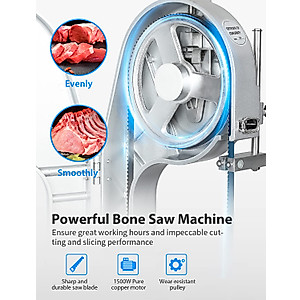 1500W Electric Bone Saw Machine, 0.8-5.9 Inch Cutting Thickness,2.6HP Frozen Meat Cutter 110V Commercial Bandsaw Machine, 20x15in Table Sawing for Chicken Fish Trotter Beef, Equipped with 6 Saw Blades