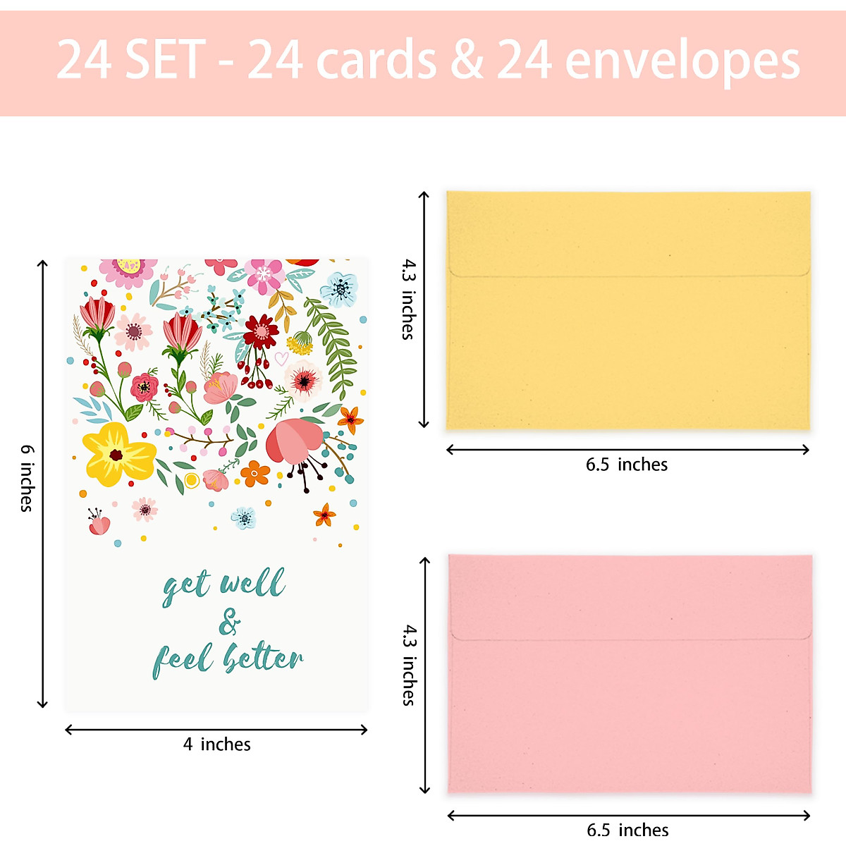 Nihuecne 24 Pack Floral Get Well Cards with Self-adhesive Envelopes, 4"x6" Boxed Prefilled Get Well Soon Greeting Note Cards to Friends, Relatives or Loved One, 24 Unique Designs