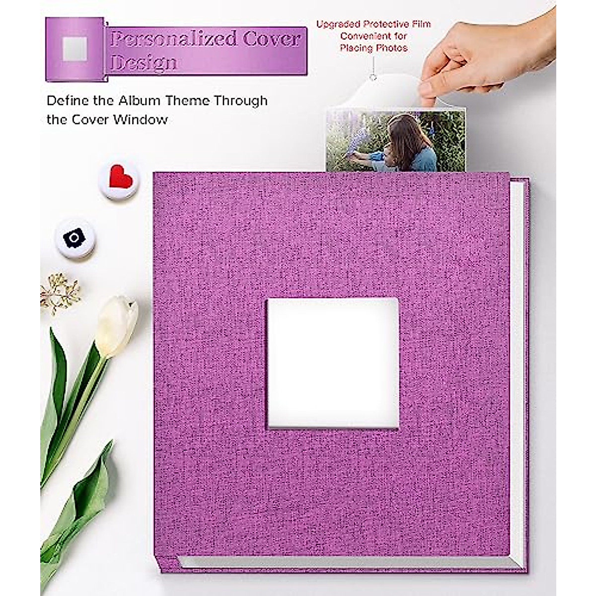 Artfeel Photo Album Self Adhesive Scrapbook Album for 3x5 4x6 5x7 8x10 Pictures,40 Pages Linen Cover with Display Window DIY Photo Book,Ideal Gifts for Family Travel Wedding Baby