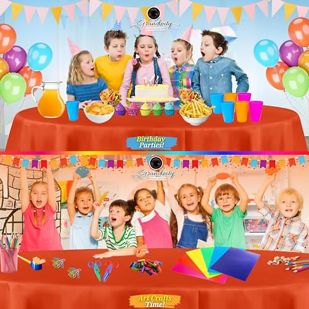 Grandipity Orange 12 Pack Premium Disposable Plastic Tablecloth 84" Inch Decorative Round Table Cover