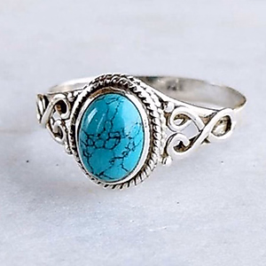 Koguxuix Fashion Genuine Women's 925 Sterling Silver Ring Oval Cut Natural Bohemia Turquoise Jewelry Birthday Proposal Hollow Engagement Party Band Rings Size 6-10 (6)