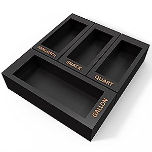 Bamboo Ziplock Bag Storage Organizer for Kitchen Drawer, 4 Separate Food Storage Bag Organizer, 12x14" Baggie Organizer Dispenser for All Brands Gallon, Snack, Sandwich & Quart Slider Bags Black