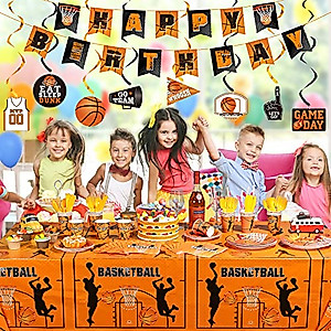 181 Pcs Basketball Theme Birthday Party Decorations 2 Basketball Sports Tablecloth 8 Hanging Swirls Basketball Hoop Banner 24 Set Basketball Tableware Plates Cups Napkins for Boy Kids Party Decor
