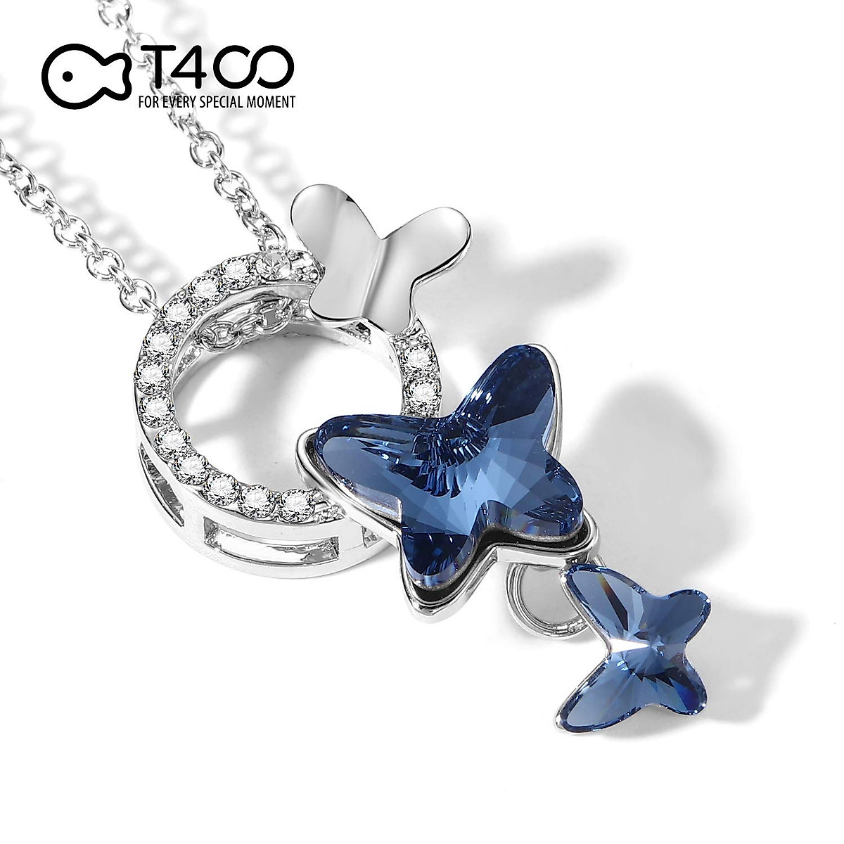 T400 Blue Purple Pink Butterfly Crystal Pendant Necklace Birthday Gift for Girls Women