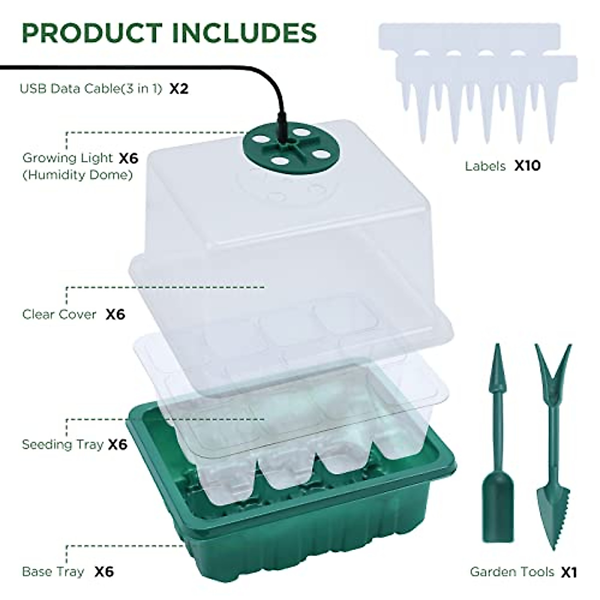 Seedfactor Seed Starter Tray with Light, 6PCS Seed Starter Kit with Grow Light, Seedling Starter Trays with Humidity Domes, Covers Height 3.9", Indoor Gardening Plant Germination Trays