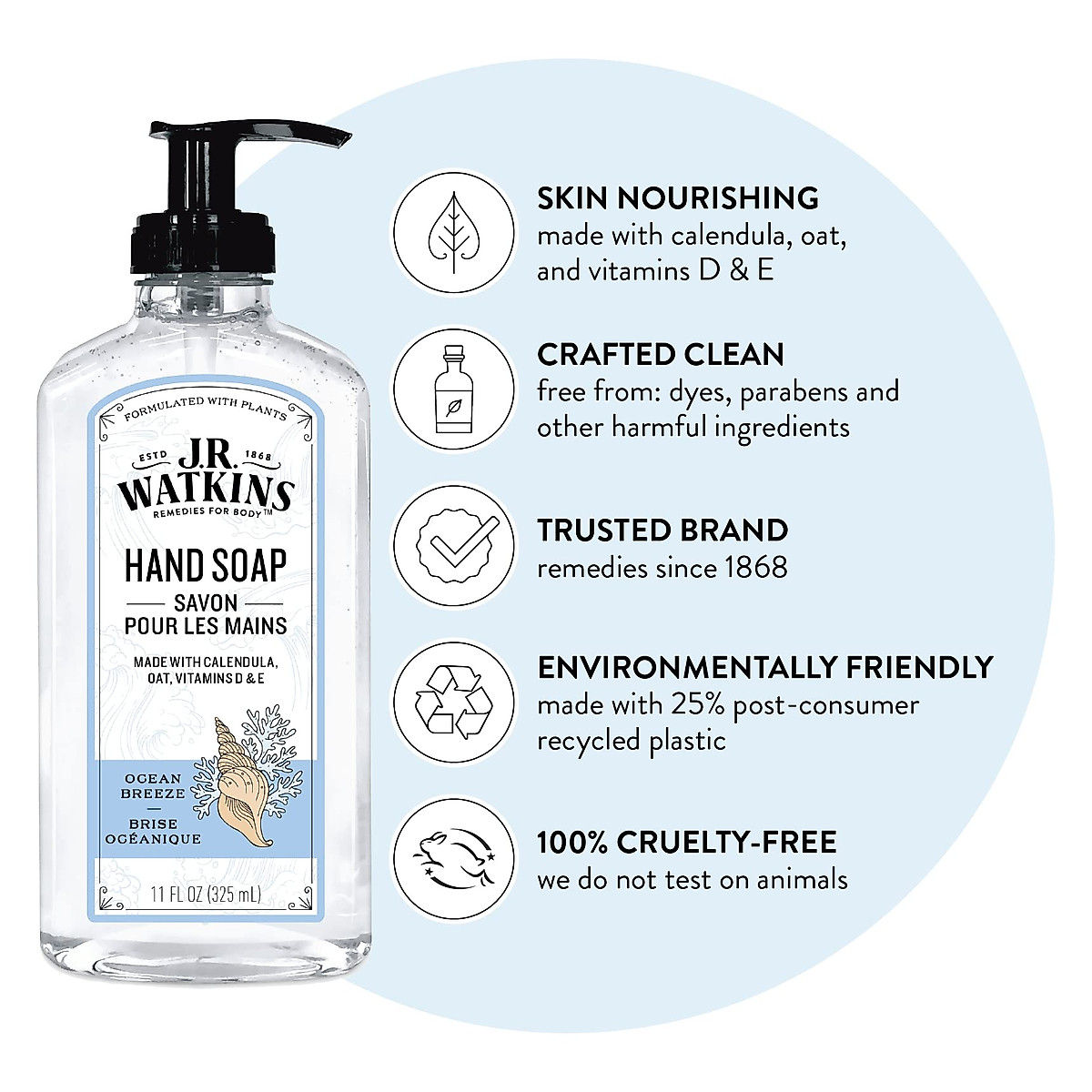 J.R. Watkins Gel Hand Soap With Dispenser, Moisturizing Hand Wash, All Natural, Alcohol-Free, Cruelty-Free, USA Made, Ocean Breeze, 11 Fl Oz, 3 Pack