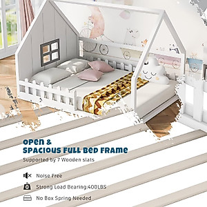 Merax Full Size House Bed for Kids,Wood Montessori Floor Bed with Fence and Window,Full Floor Bed with Rails for Girls Boys, White
