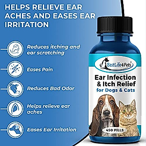 BestLife4Pets Ear Infection Relief for Dogs and Cats - Dog Ear Infection Treatment Supplement; Cat Supplements for Ear Itching, Swelling, Otitis, Pain & Inflammation - Easy to Use Pills (450 ct)