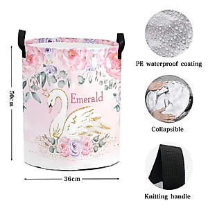 Custom Watercolor Floral Swan Pink Laundry Basket Handles Collapsible Hamper Foldable Storage Bin Living Room Office Bathroom Bedroom