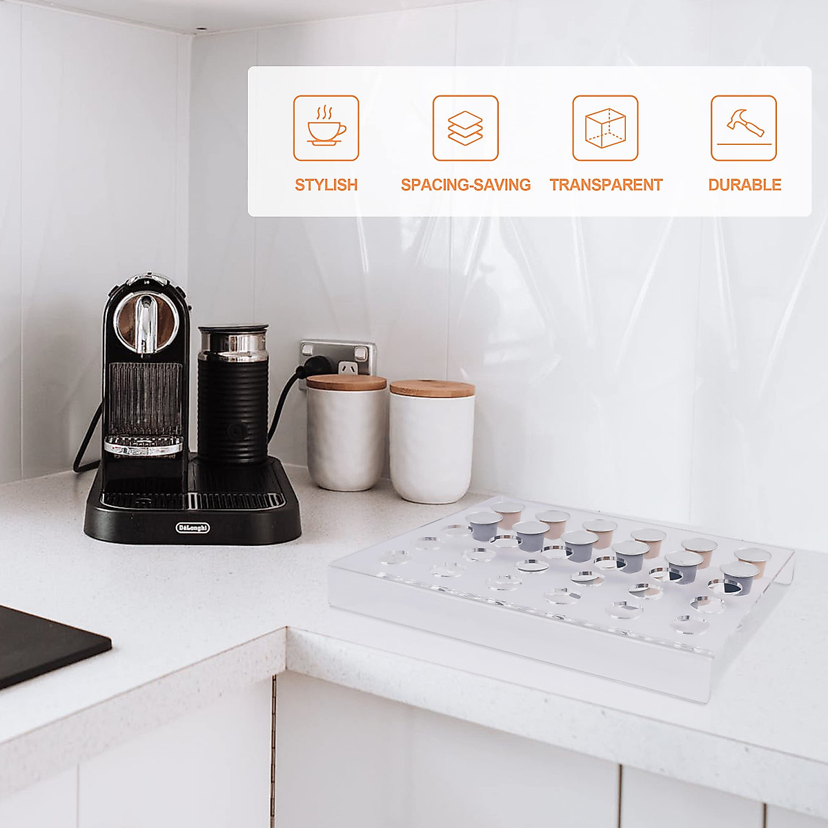 XIAOMANSHANGWU Coffee Pod Holder Organizer Tray,Clear Acrylic Coffee Pod Organizer for 30 Nespresso Capsule Pods,Countertop or In Drawer Storage for Office,Home or Kitchen, 30 Pods