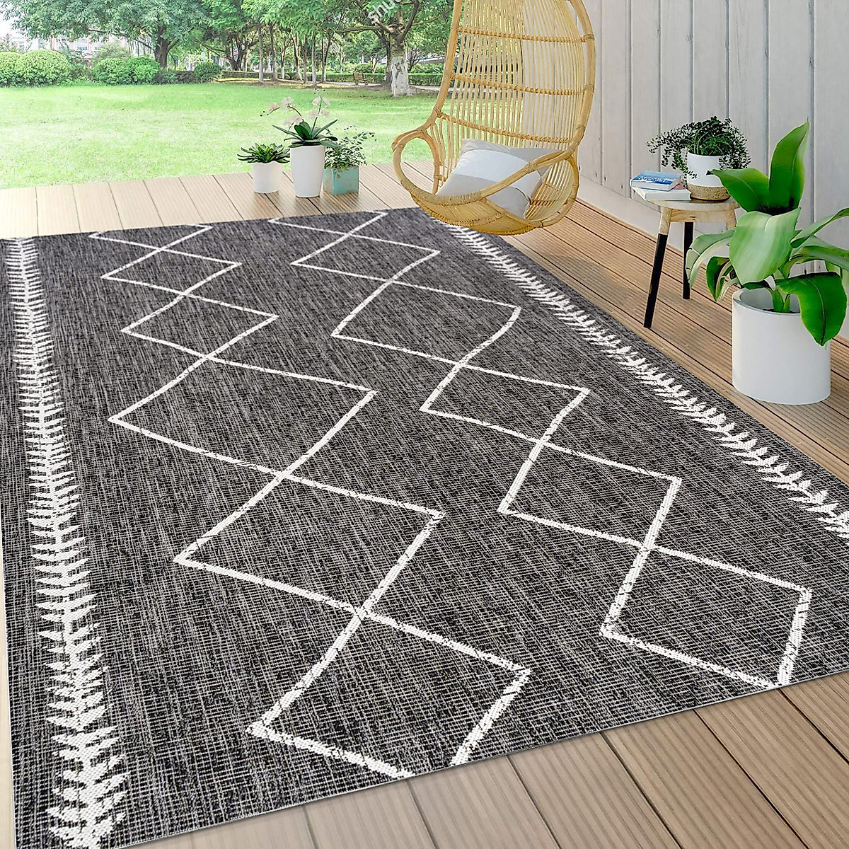 JONATHAN Y SMB129E-8 Derya Tribal Diamond Trellis Indoor Outdoor Area-Rug Bohemian Contemporary Easy-Cleaning Bedroom Kitchen Backyard Patio Non Shedding, 8 X 10, Black/Ivory
